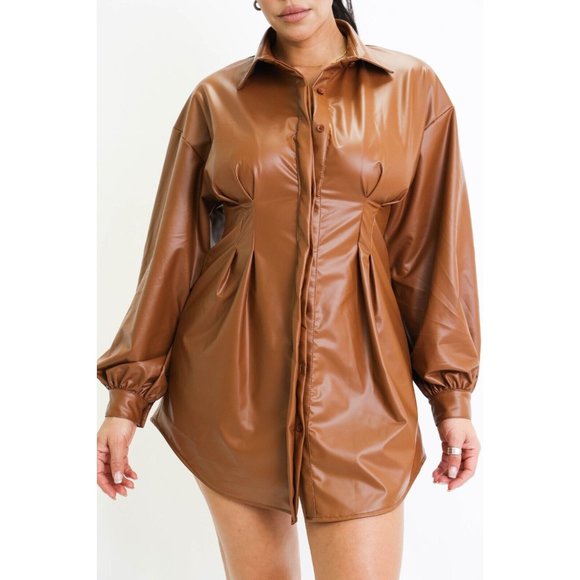 Boutique | Tops | Womens Pu Faux Leather Tuck Long Sleeves Button Down ...
